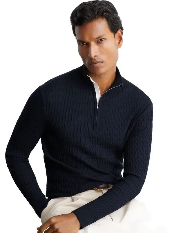 REISS Idol Textured-knit Half-zip Jumper - Navy