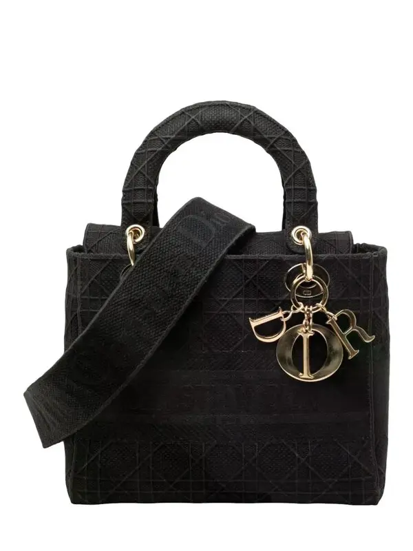 Dior 2020 Medium Embroidered Canvas Cannage Lady D Lite Satchel - Black