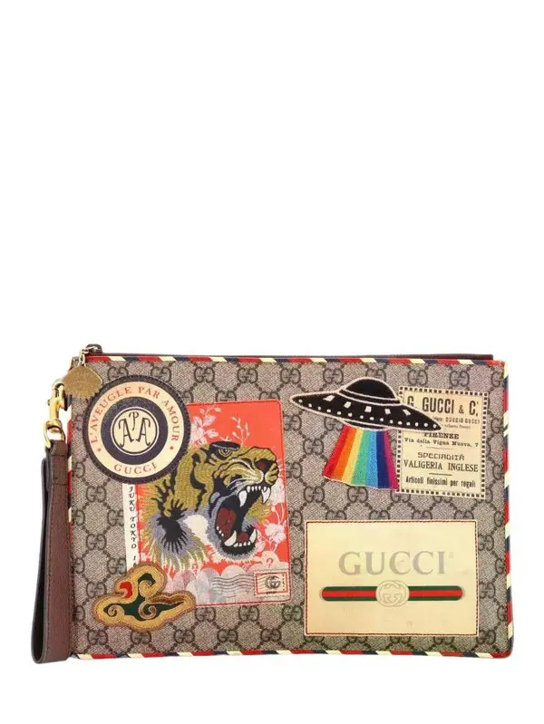 Gucci Courrier Pouch Gg Coated Canvas With Applique Clutch Bag - Brown