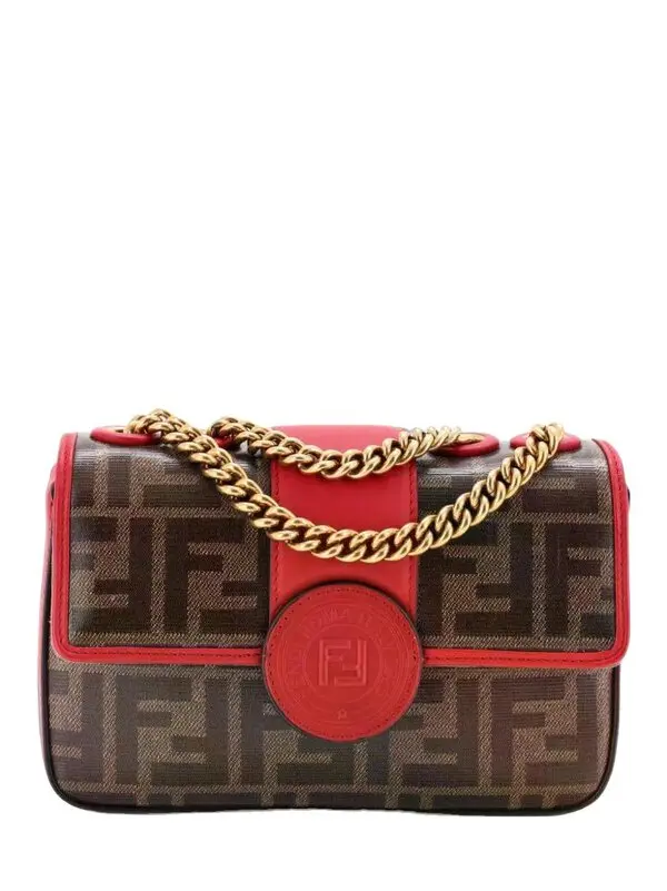 Fendi Ff Logo Stamp Flap Bag Zucca Coated Canvas With Leather Mini Crossbody Bag - Red