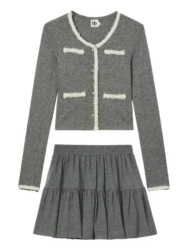 B+AB Contrast-trim Tiered Skirt And Top Set - Grey