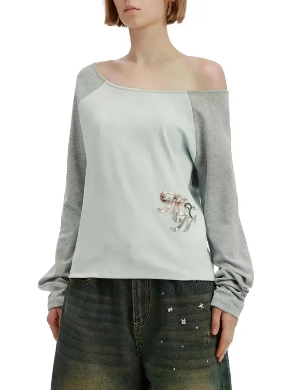 MINI CREAM Raglan-sleeve Off-shoulder T-shirt - Grey