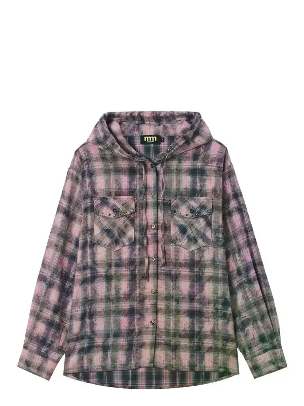 MINI CREAM Check-pattern Hooded Shirt - Pink