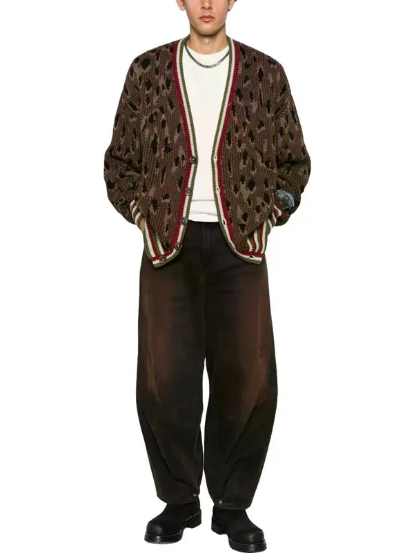 PDF Leopard-pattern Striped-trim Cardigan - Brown