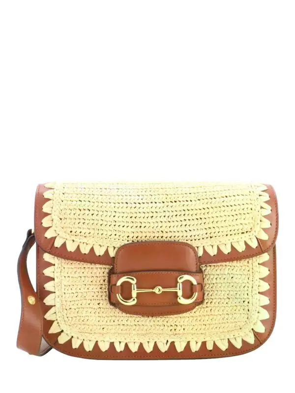 Gucci Horsebit 1955 Raffia Effect With Leather Small Shoulder Bag - Brown