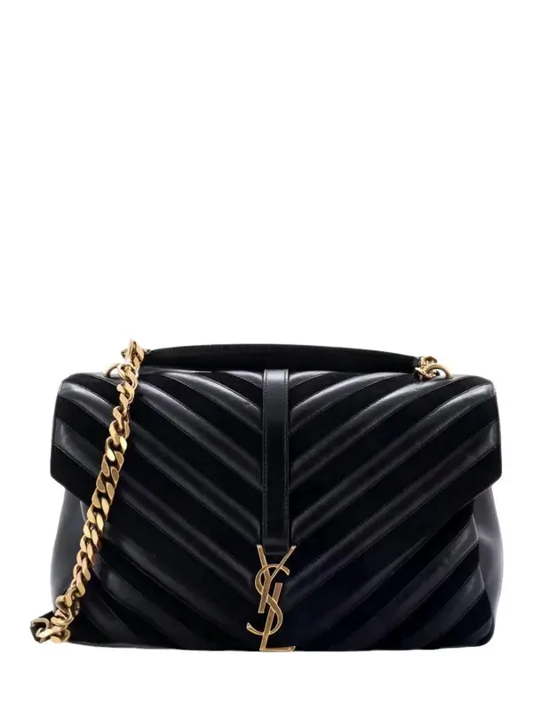 Saint Laurent Classic Monogram College Bag Matelasse Chevron Leather And Suede Large Satchel - Black