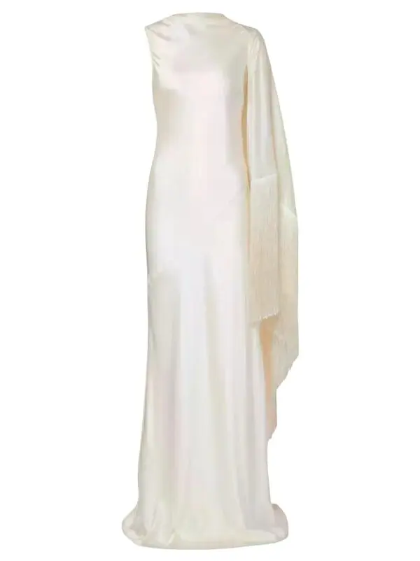 SELF-PORTRAIT Fringed Satin Maxi Dress - White