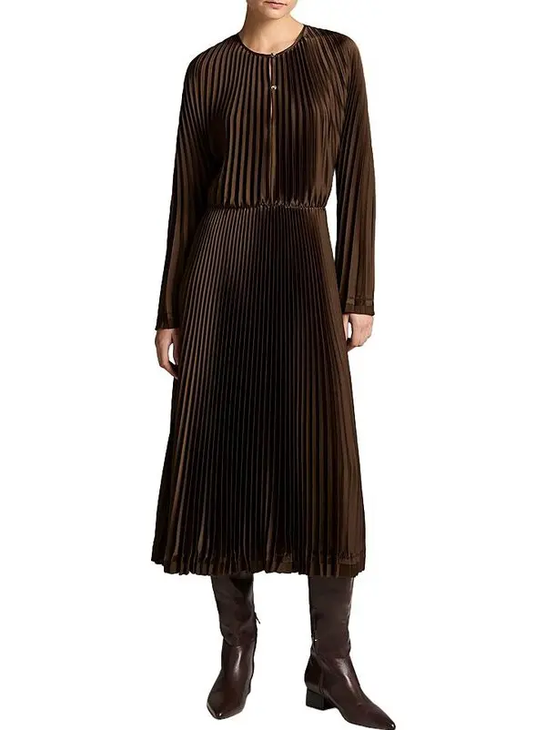 Vince Pleated Long Sleeve Contrast Hem Dress - Pinewood