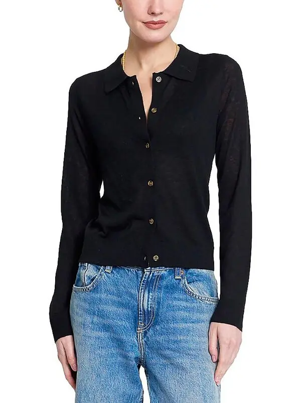 Central Park West Sienna Sheer Isla Button Up Collared Sweater - Black