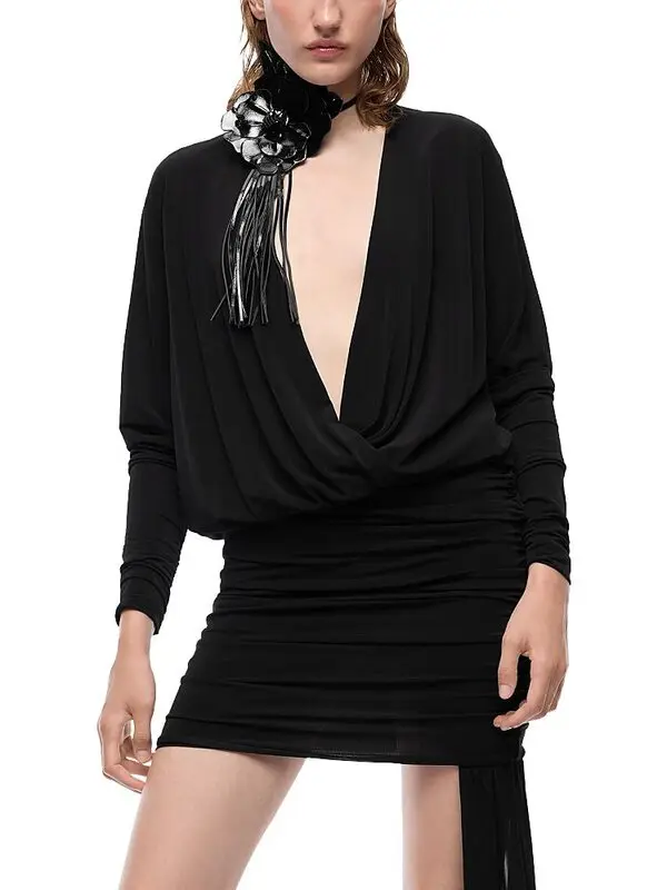 Pinko Plunging Neck Ruched Mini Dress - Black