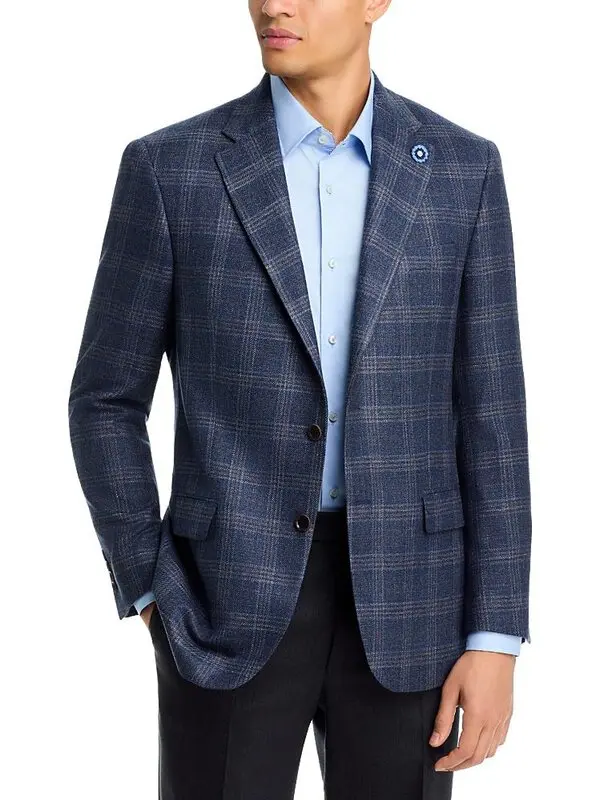Hart Schaffner Marx New York Fit Wool, Silk, & Linen Plaid Sport Coat - Navy/ Brown