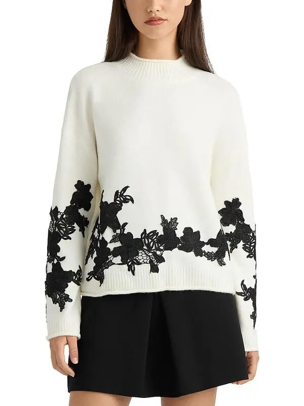 NVLT Mock Neck Floral Applique Sweater - Marshmallow