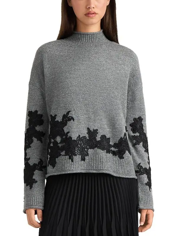 NVLT Mock Neck Floral Applique Sweater - Medium Grey Mix