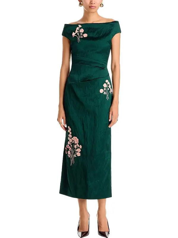 Erdem Embroidered Textured Satin Midi Pencil Dress - Green