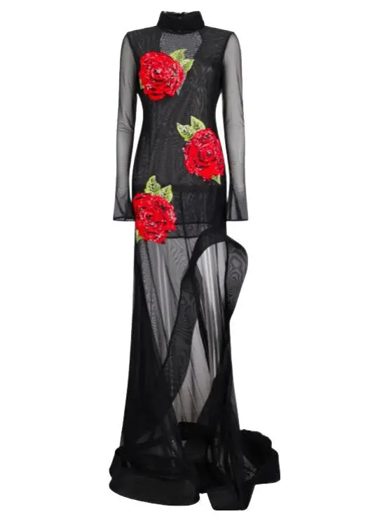 Blumarine Stretch Tulle Dress With Embroidery And Slit - Black