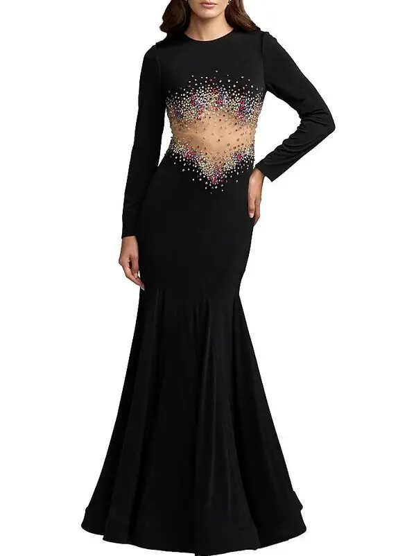 Mac Duggal Long Sleeve Jersey Mermaid Gown With Sheer Detail - Black