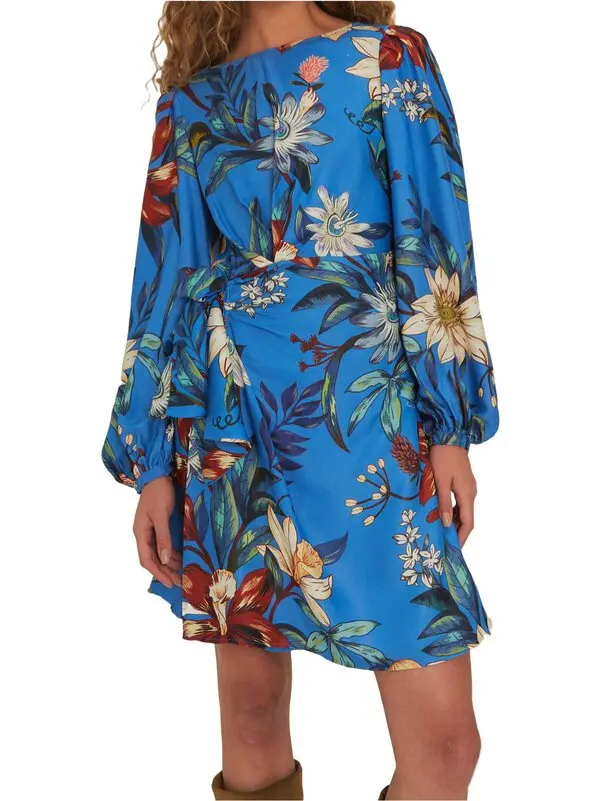 Farm Rio Floral-printed Wrapped Mini Dress - Blue