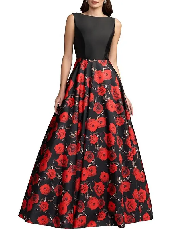 Mac Duggal Petite Floral Printed Mikado Open Back Sleeveless Gown - Red Rose
