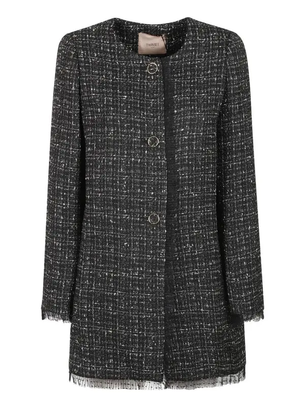TWINSET Fringe Detailed Tweed Coat - Black/gray