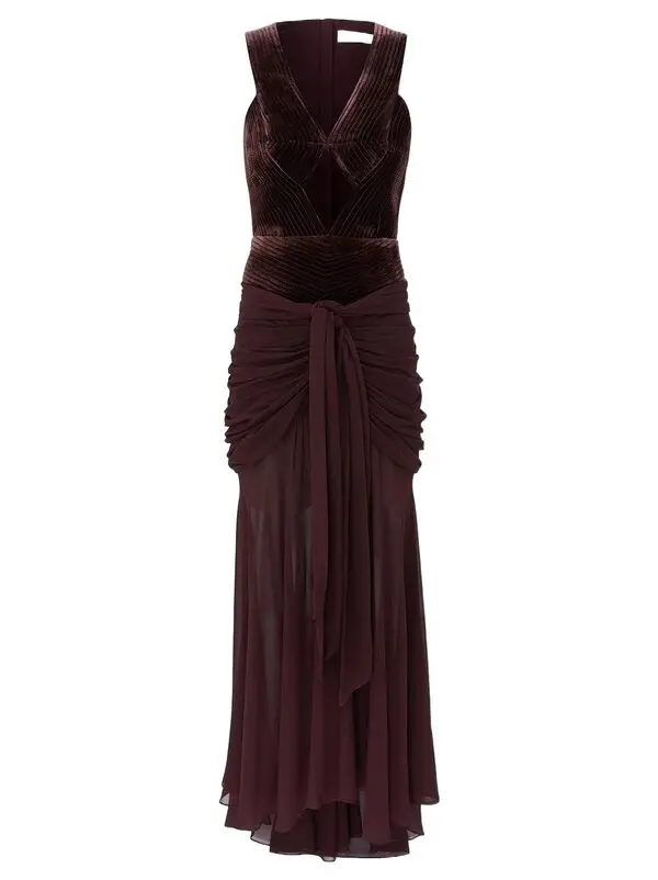 Zimmermann Velvet-panelled Ruched Maxi Dress - Wine