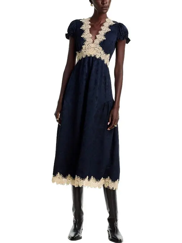 Sea Shay Lace Trim V Neck Midi Dress - Navy