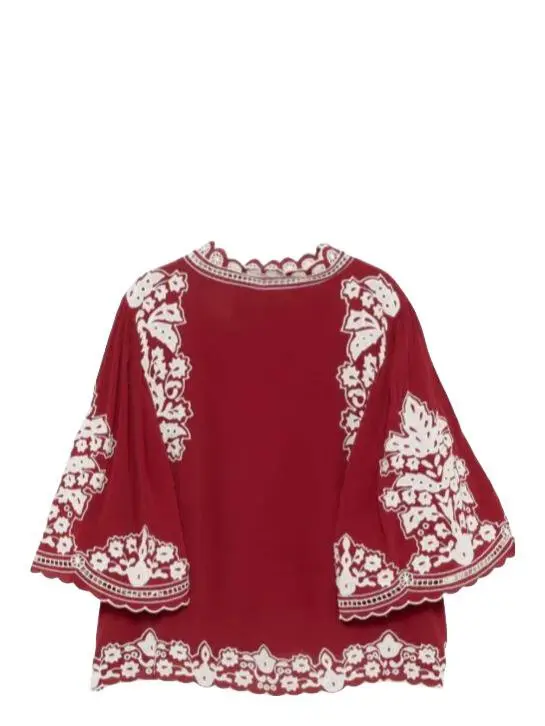 Farm Rio Floral-embroidered Blouse - Brick Red