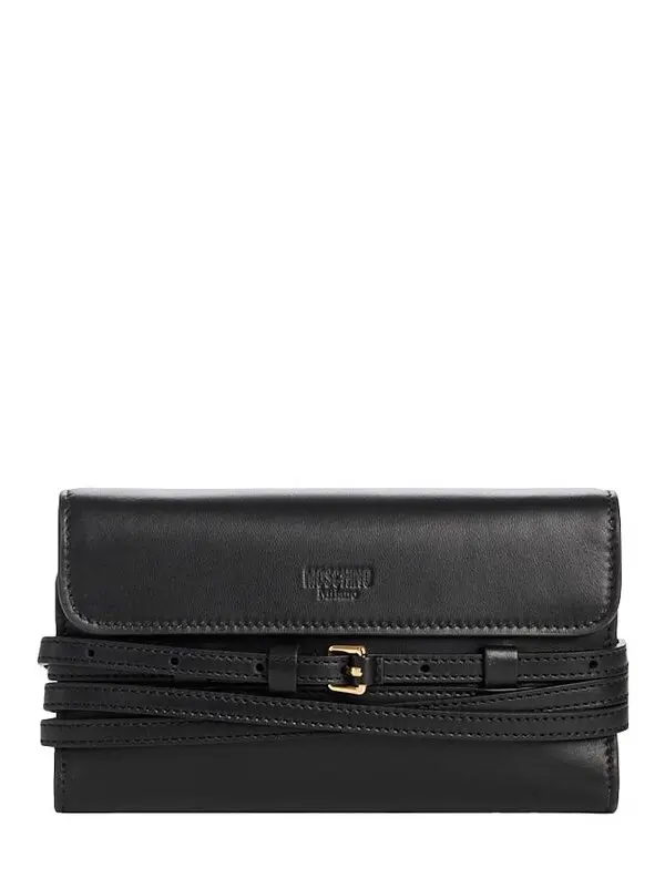 Moschino Tie Me Leather Wallet On Chain - Black