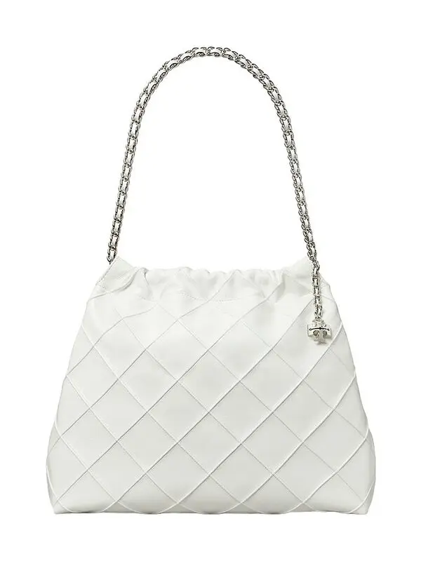 Tory Burch Fleming Crinkled Leather Quilted Hobo - Blanc