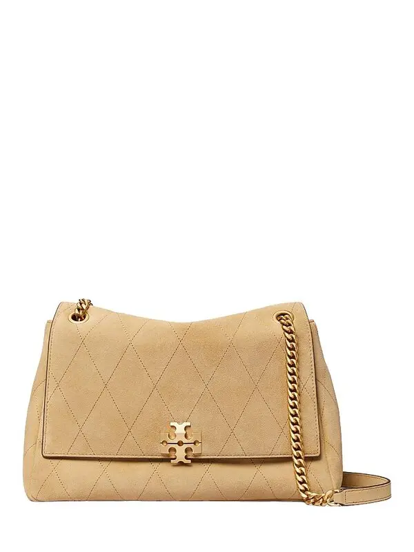 Tory Burch Charlie Quilted Suede Shoulder Bag - Stone