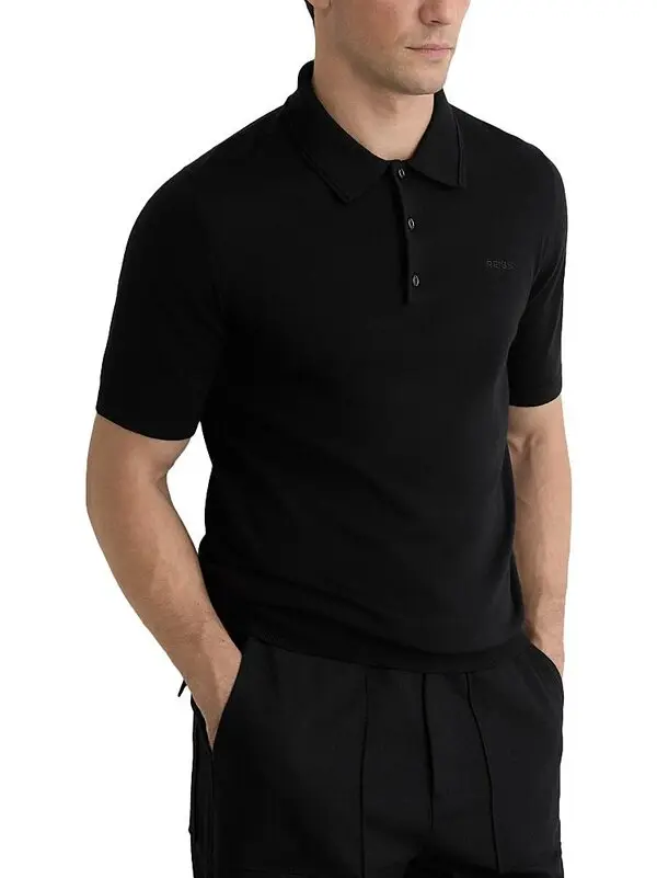REISS Albion Merino Wool Short Sleeve Polo Sweater - Black