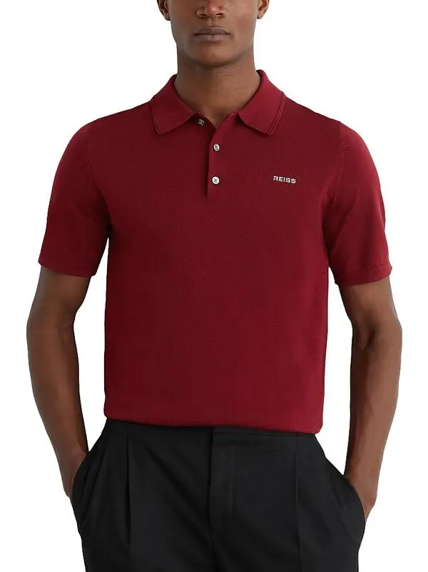 REISS Albion Merino Wool Short Sleeve Polo Sweater - Red