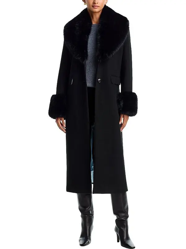 Aqua X Nicky Hilton Long Wool Coat With Faux Fur Trim Exclusive - Black