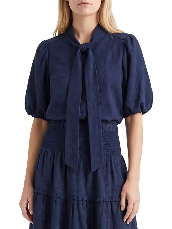 CARTOLINA Peggy Jacquard Neck Tie Top - Midnight Blue