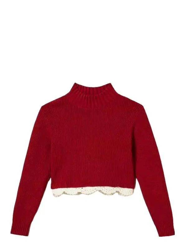 TWINSET Turtleneck Jumper With Crochet - Ruby/'snow' White Trim