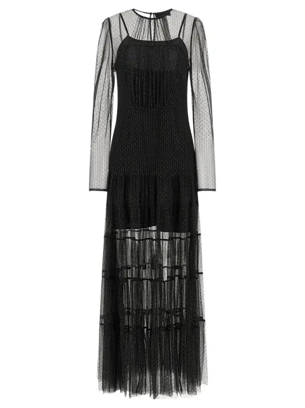 TWINSET Long Tulle Dress With Pleated Flounces - Black