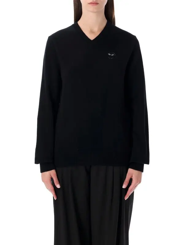 Play Comme Des Garcon Wool V-neck Sweater With Heart Logo - Nero