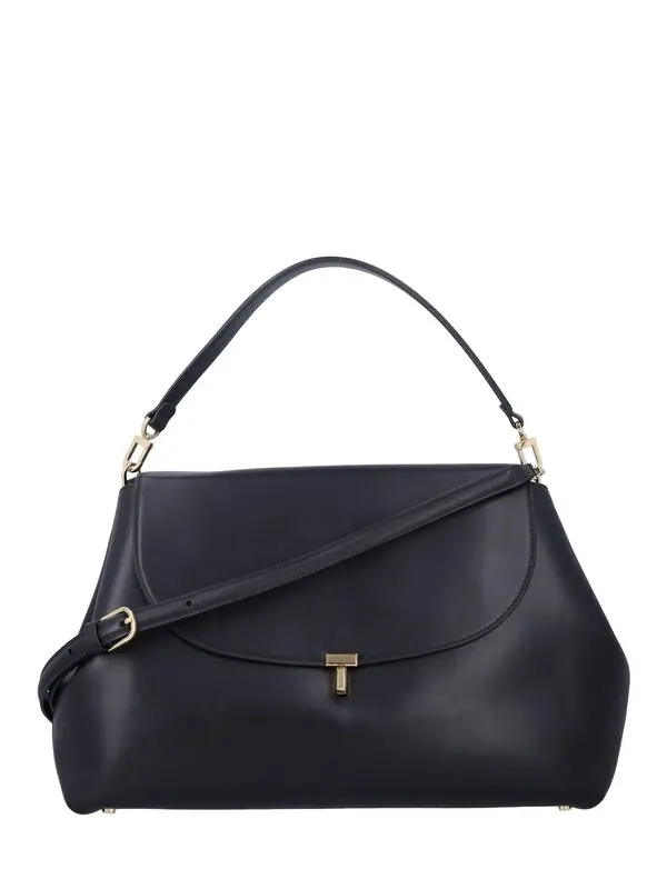 TOTEME Italian Leather Slouched Satchel With T-lock Twist Closure, Detachable Handle & Shoulder Strap - Nero