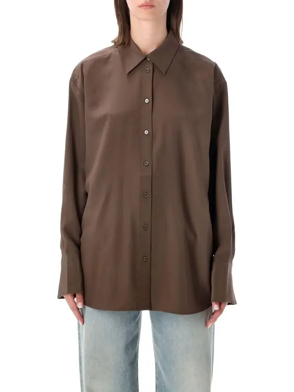 TOTEME Relaxed Silk Crepe Shirt With Pointed Collar And Curved Hem - Marrone