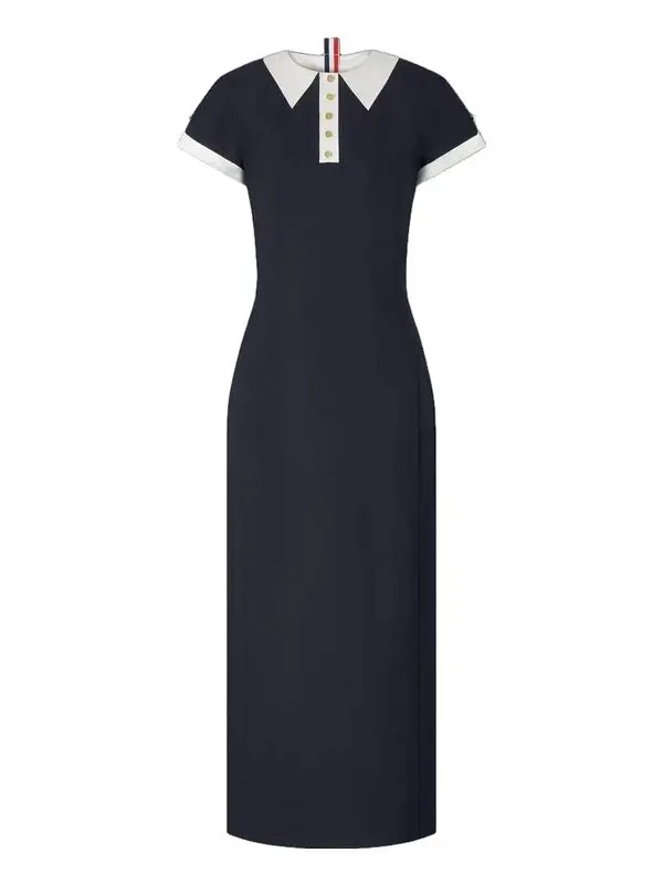 Thom Browne Couture Intarsia Sleeve Polo In 100% Virgin Wool - Navy