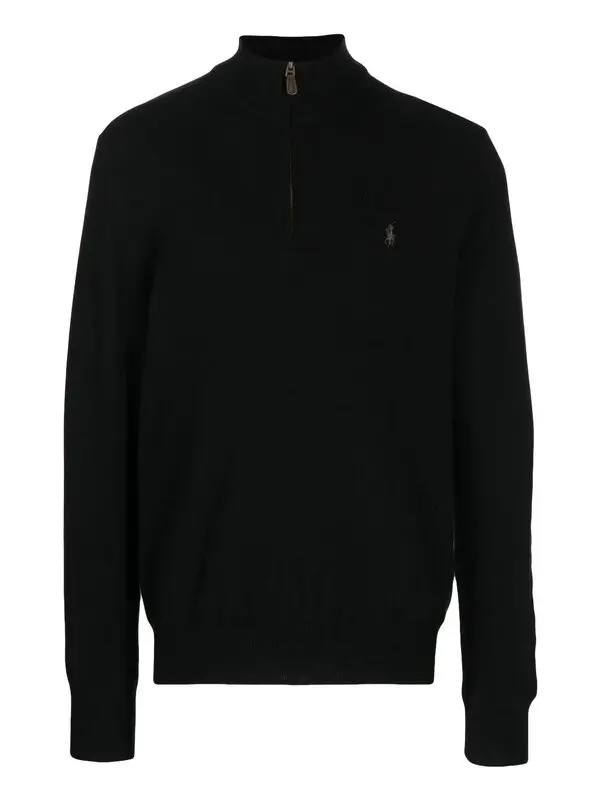 Polo Ralph Lauren Rib-knit Wool Mockneck Quarter-zip Sweater With Embroidered Pony - Nero