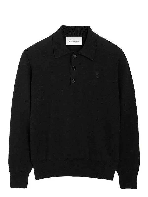 AMI Paris Polo Sweater With Contrasted De Coeur Detail - Black