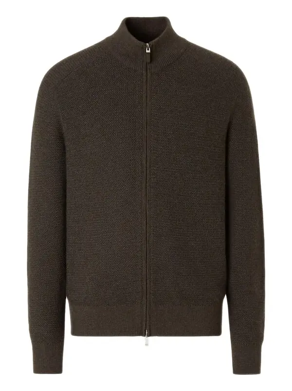 Zegna Ribbed Cashmere-silk Stand Collar Sweater With Zip - Verde
