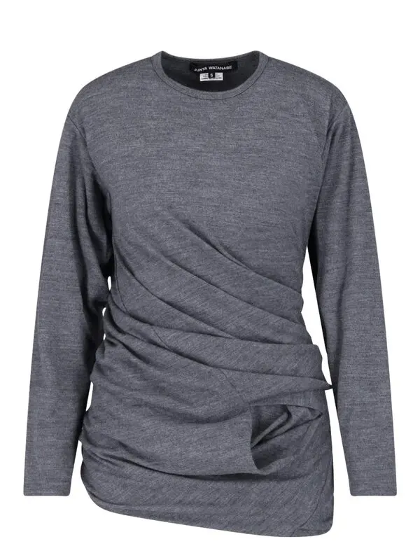 Junya Watanabe Asymmetrical Ruched Long Sleeve Sweater - Grey
