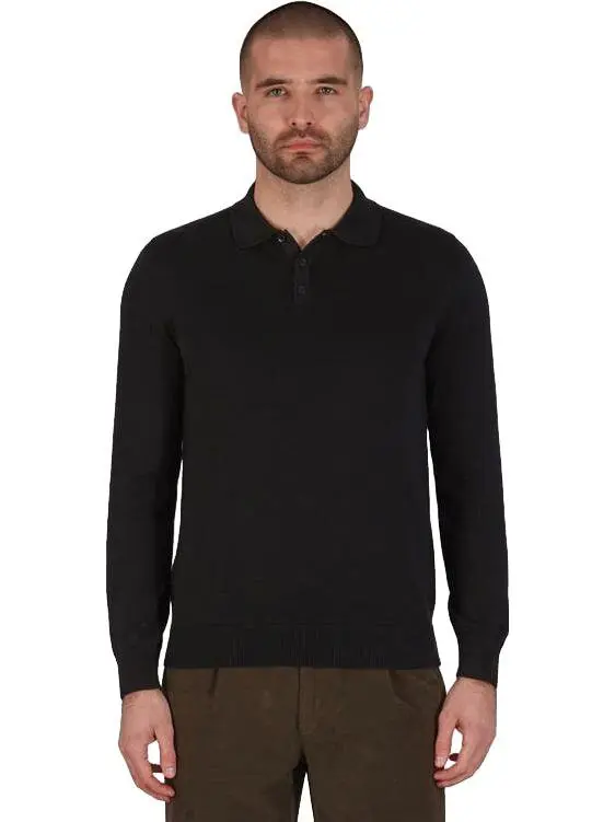 PAUL JAMES Cotton Long Sleeve Knitted Polo Shirt - Black