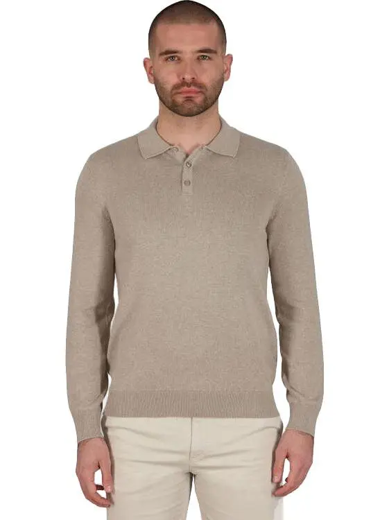 PAUL JAMES Cotton Long Sleeve Knitted Polo Shirt - Fawn