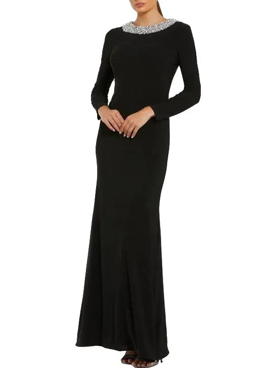 Mac Duggal Petite Beaded Jewel Neck Long Sleeve Gown - Black
