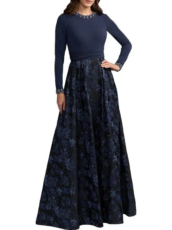 Mac Duggal Petite Embellished Brocade Floral Ball Gown - Midnight