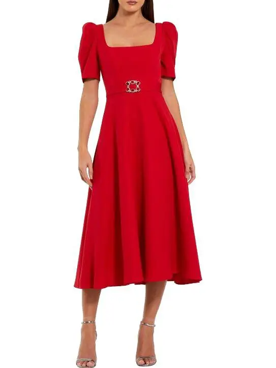 Mac Duggal Square Neck Short Sleeve Midi Dress With Belt - Red