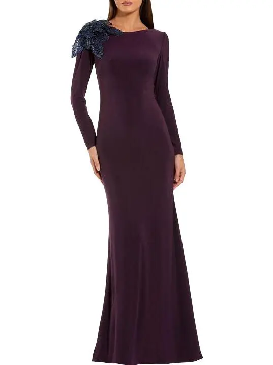 Mac Duggal Floral Appliqué Long Sleeve Column Gown - Amethyst