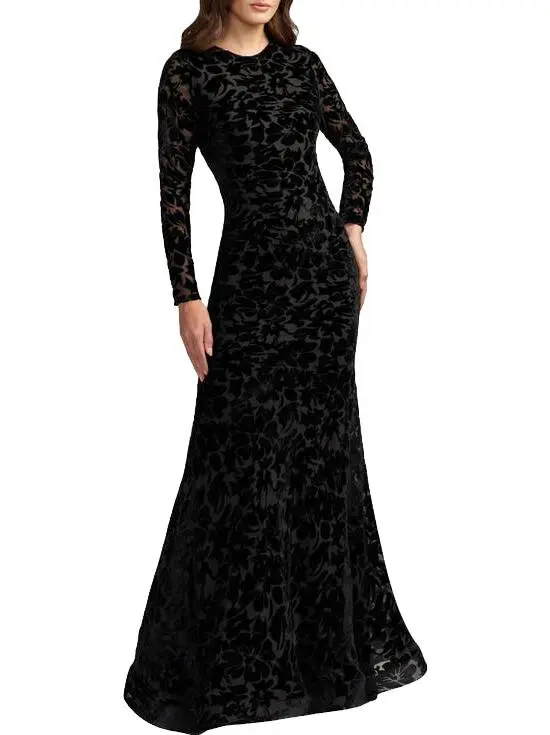 Mac Duggal Floral Velvet Burnout Long Sleeve Gown - Black